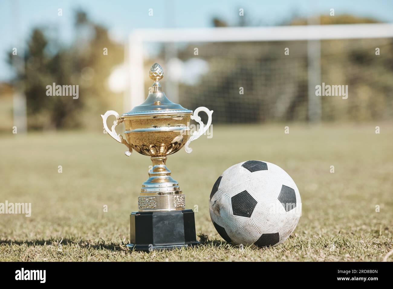 Win, field and football and trophy for sports, game award and ...