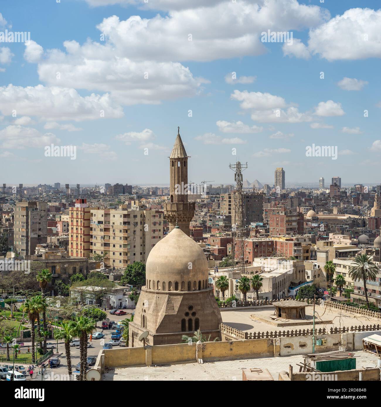 Aerial day shot of dome and minaret of Ottoman era Masjed Almahmodyah ...
