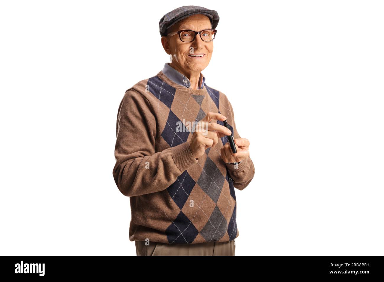 Elderly man poking finger with a medical device and smiling isolated on ...
