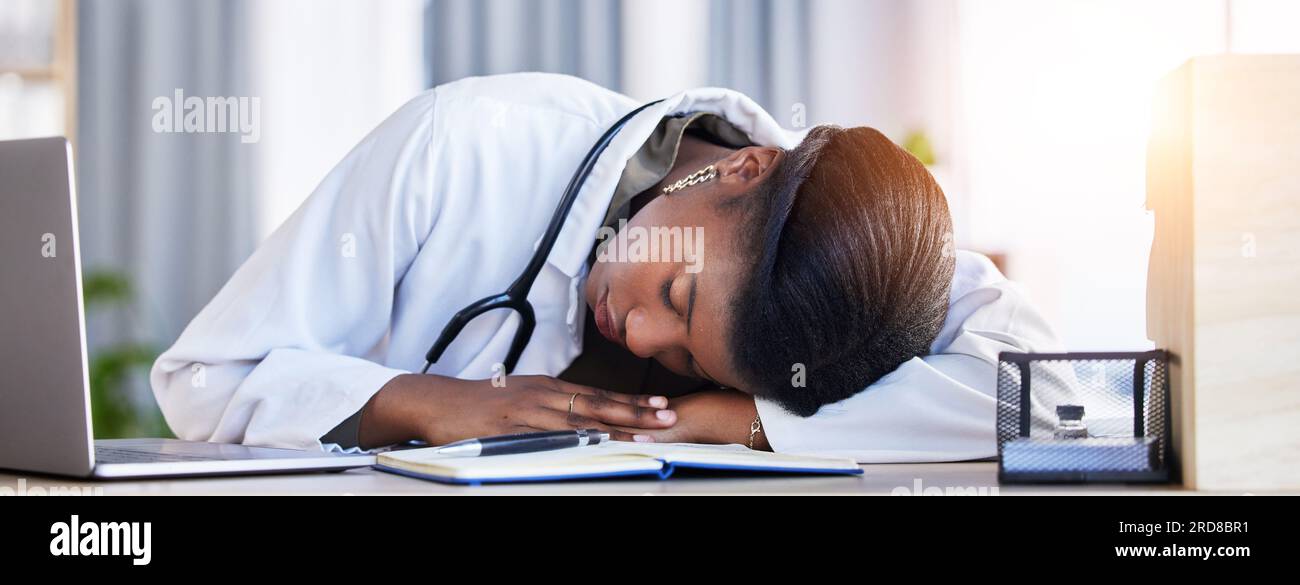 Tired doctor, woman and sleeping on desk in clinic office with stress ...