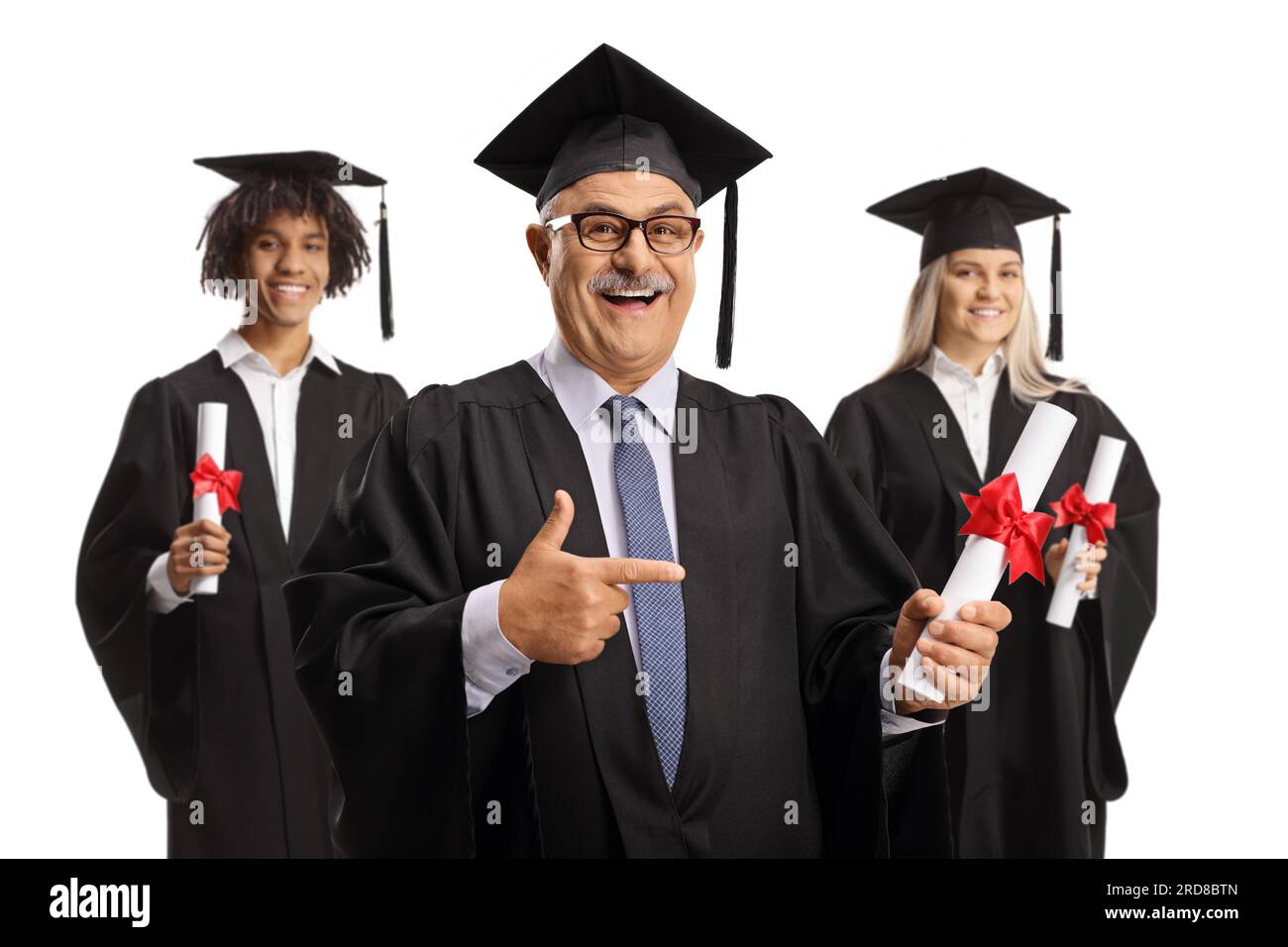 Graduate students and a man holding certificates and smiling isolated ...
