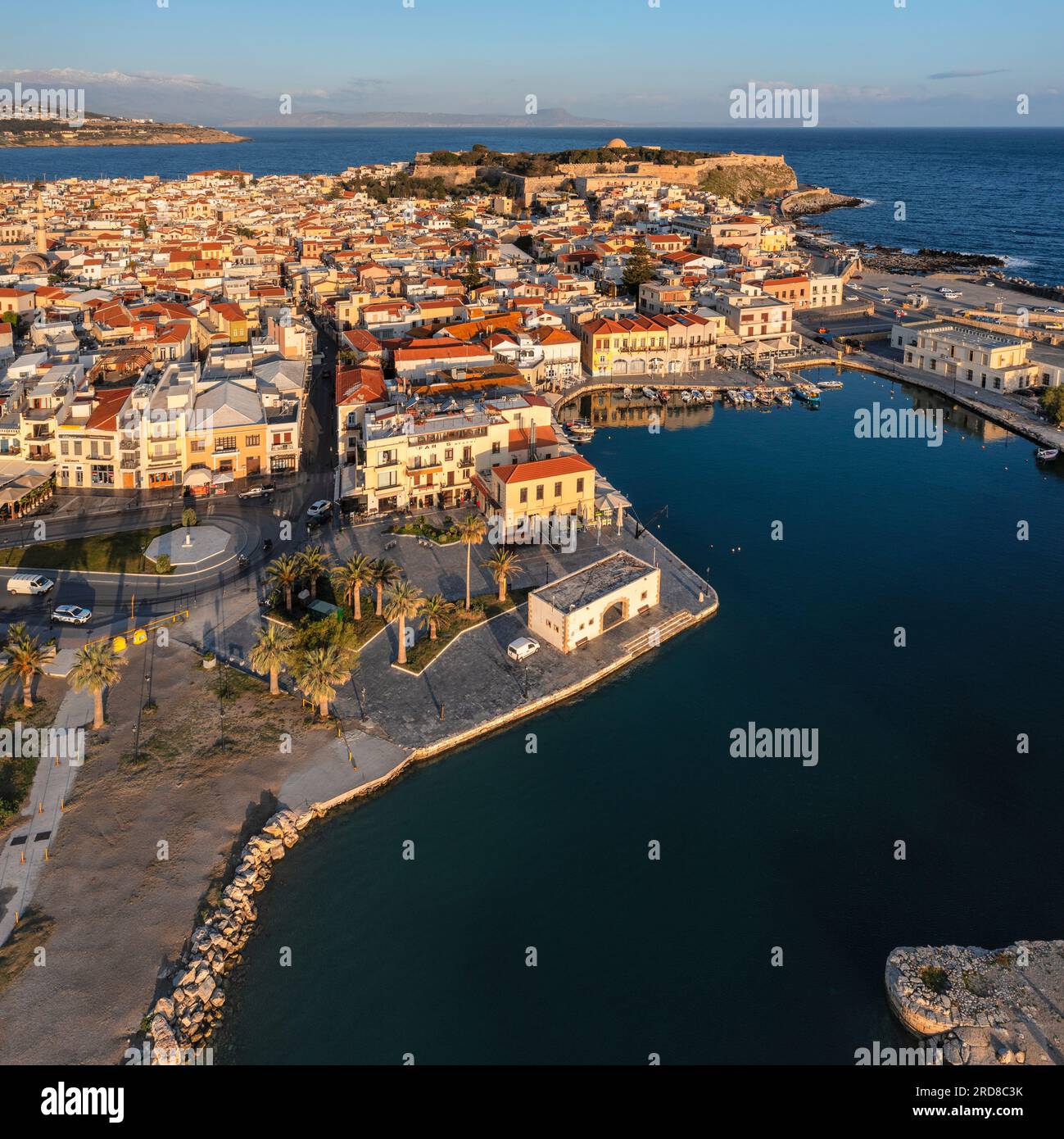 Aerial of Venetian harbor with a view of Venetian Fortezza, Rethymno ...