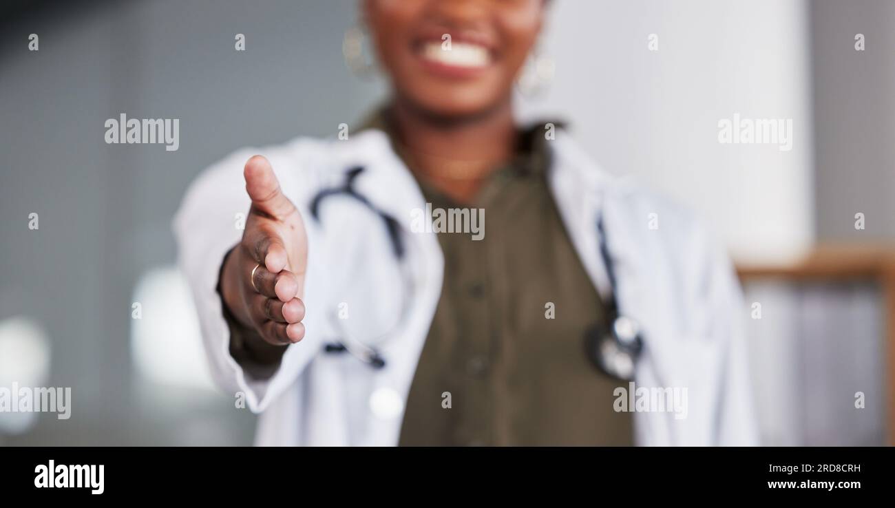 Open handshake, doctor and woman with welcome, smile or respect for ...