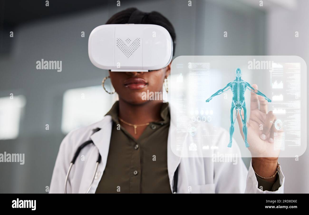 Doctor, woman and virtual reality glasses for hologram, human anatomy ...