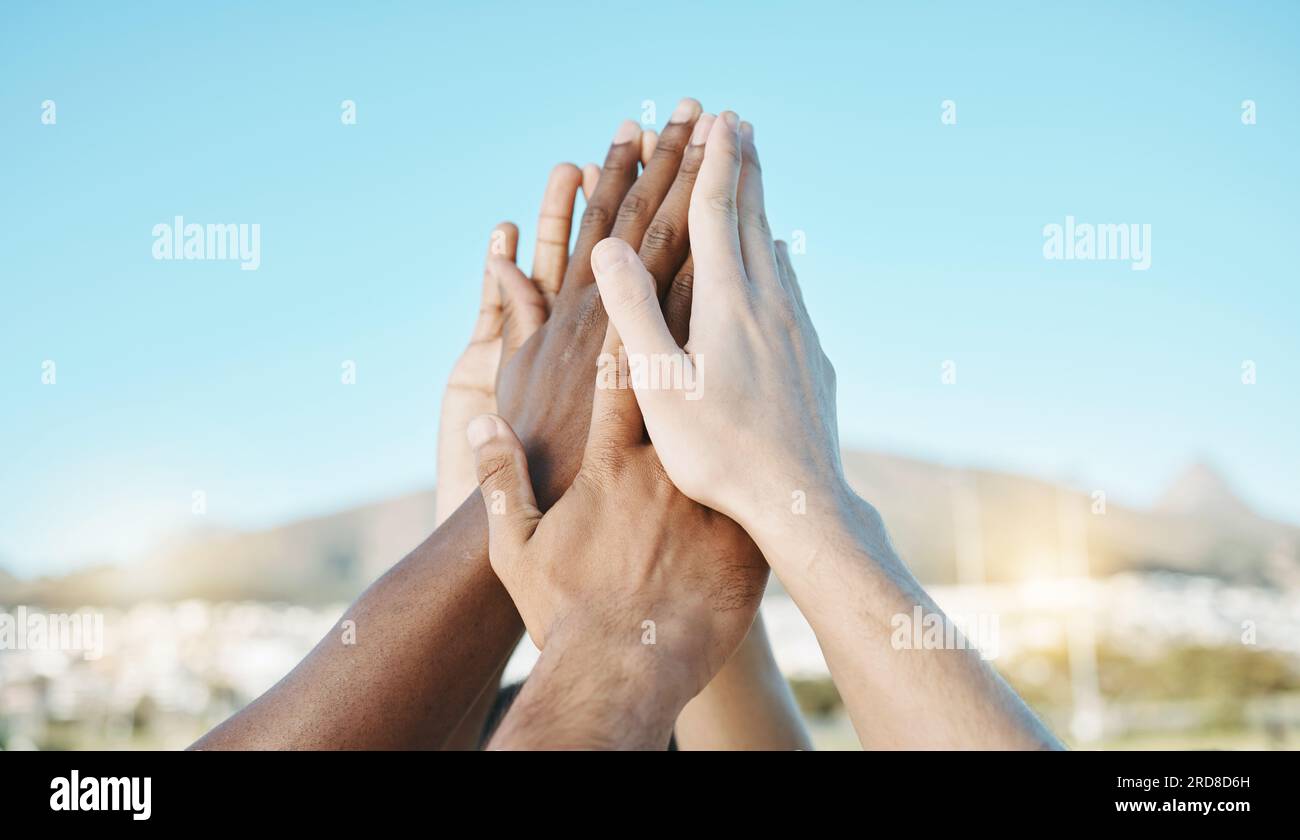 Success, high five or hands of team on field ready for training ...