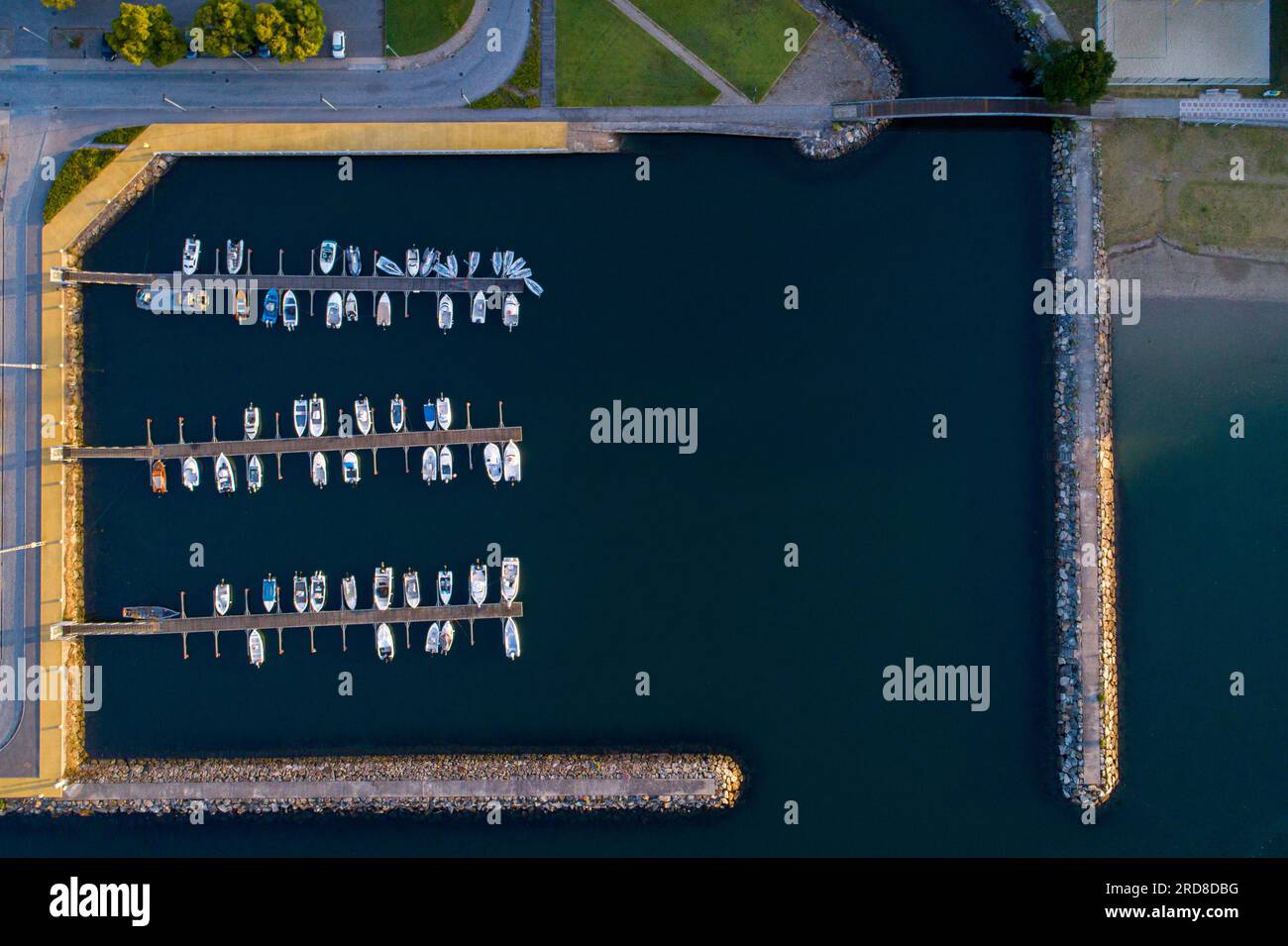 zenithal aerial view of several boats docked at a marina Stock Photo ...
