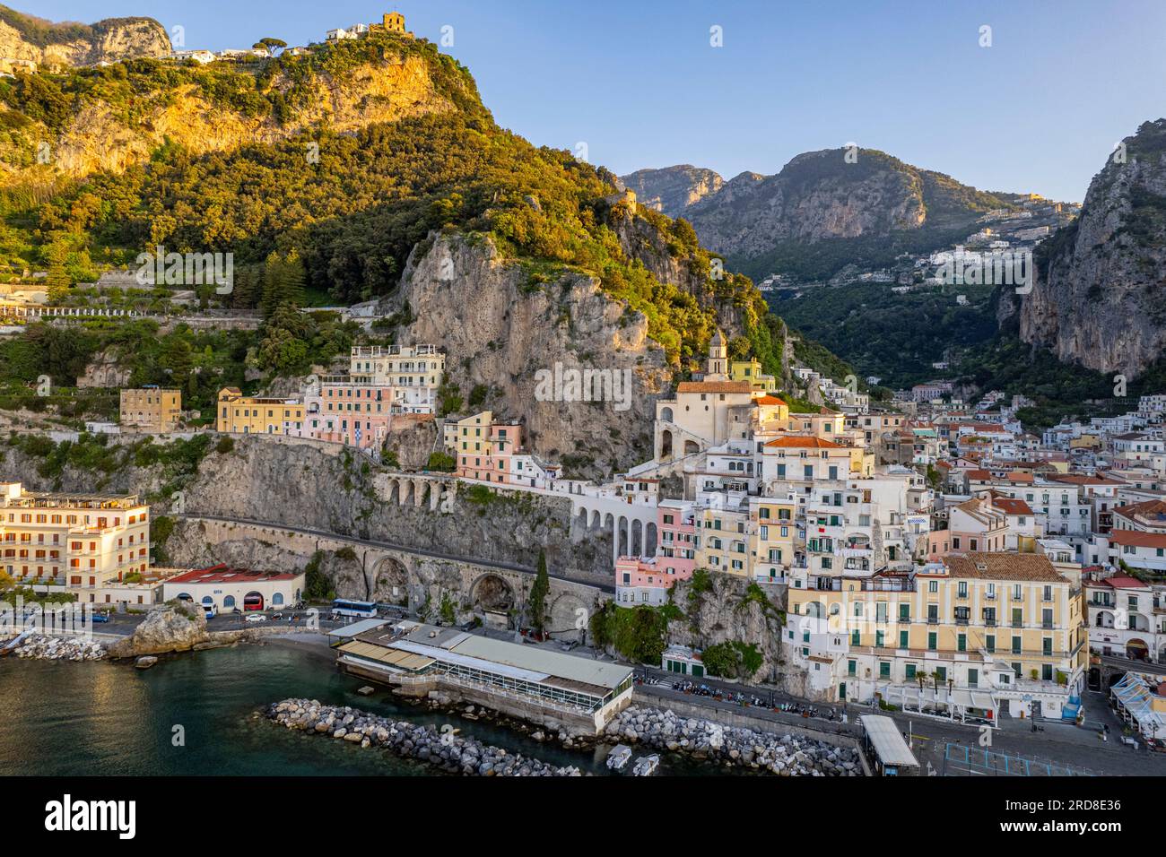 Aerial view of the town at sunrise, Amalfi, Amalfi Coast (Costiera ...