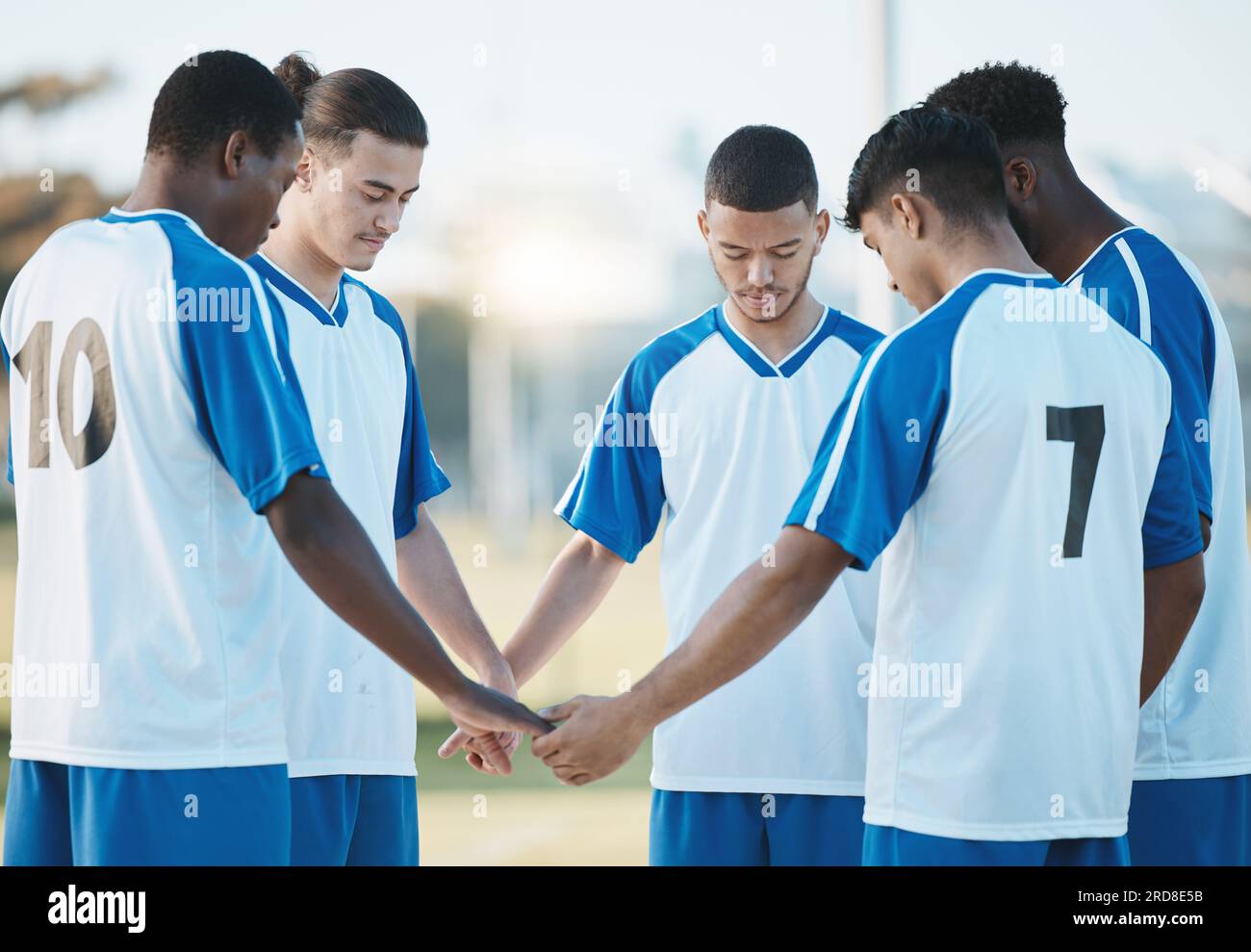Stadium, support or soccer team praying in match for solidarity ...