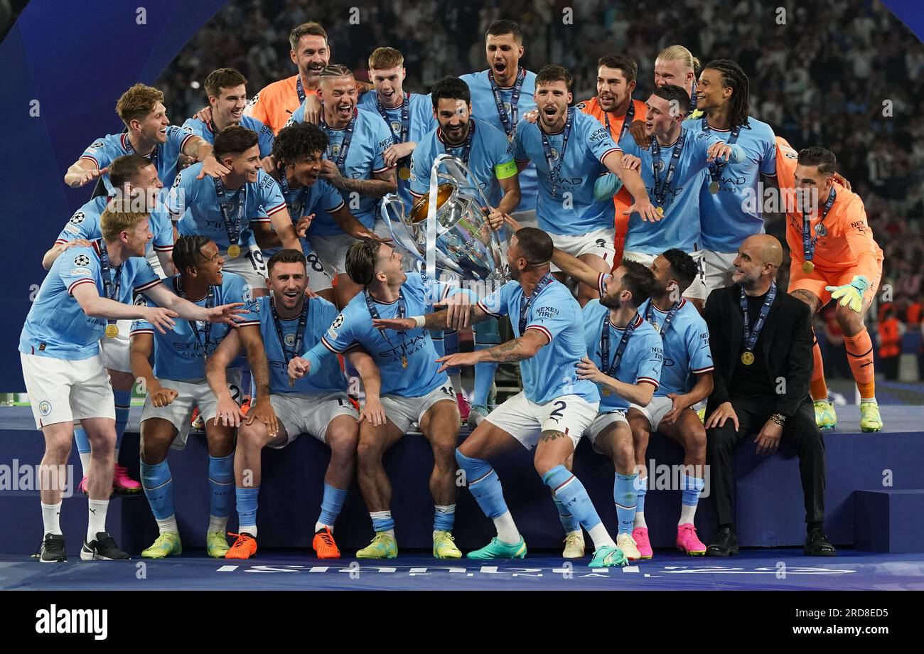 Manchester City captain Ilkay Gundogan holds the Champions League ...