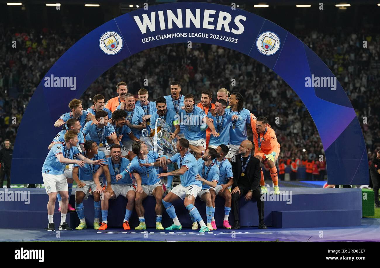 Manchester City captain Ilkay Gundogan holds the Champions League ...