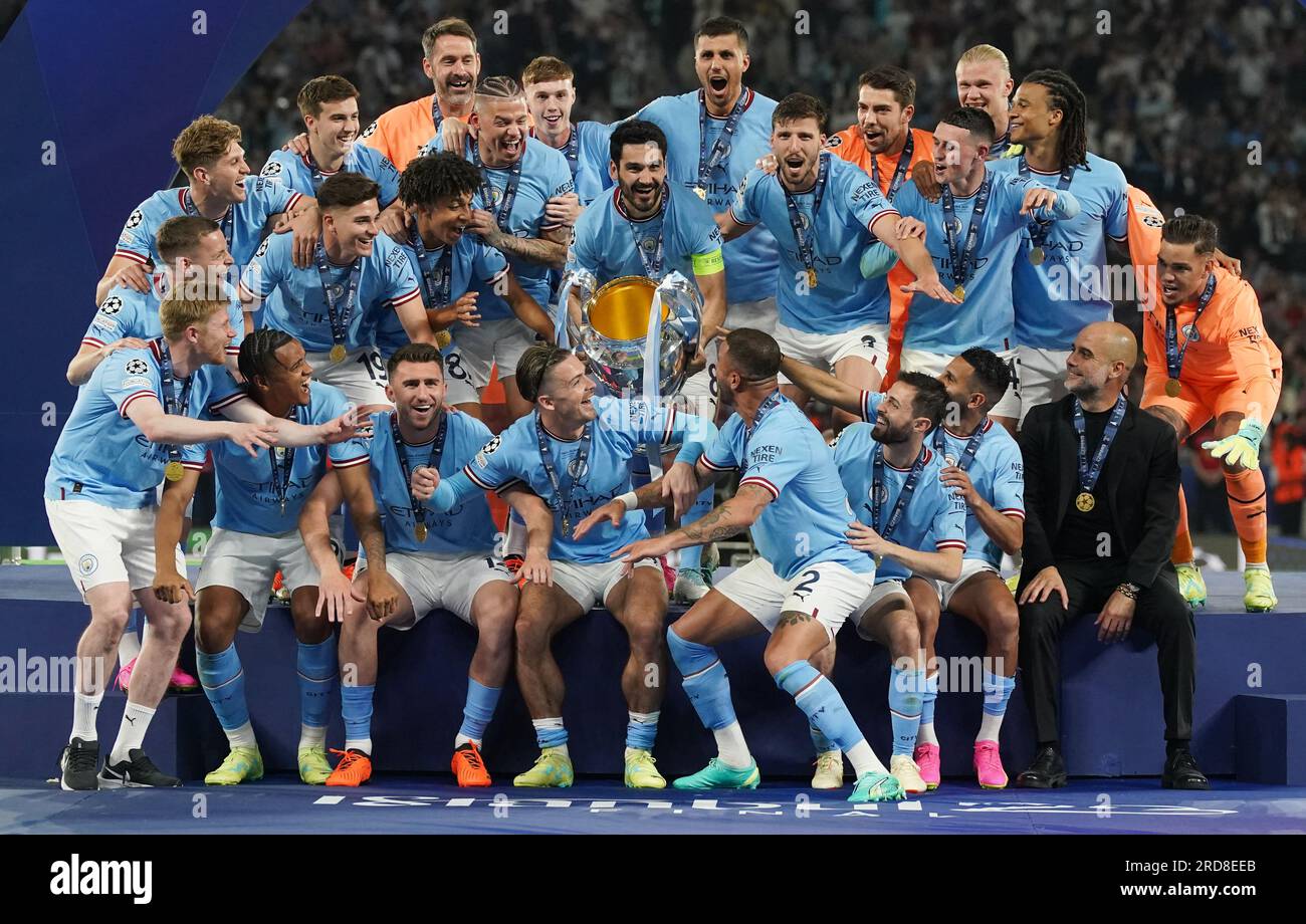 Manchester City captain Ilkay Gundogan holds the Champions League ...