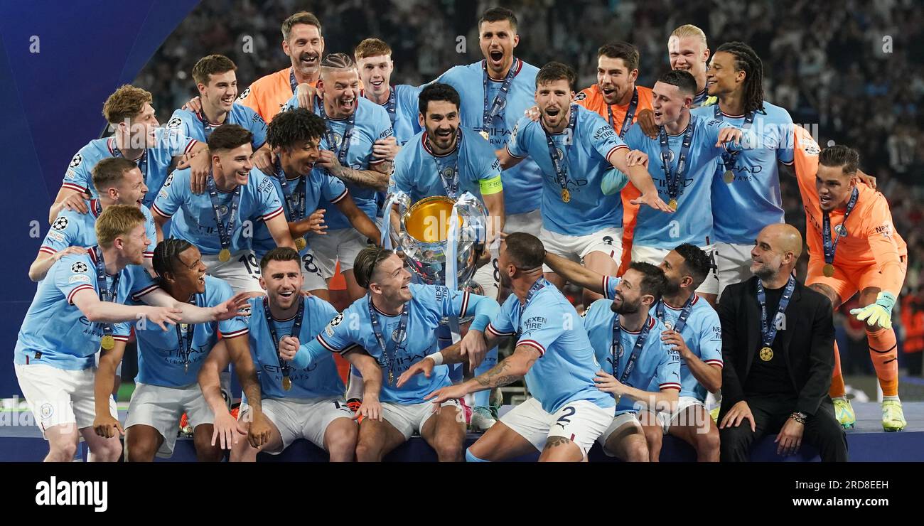Manchester City captain Ilkay Gundogan holds the Champions League ...