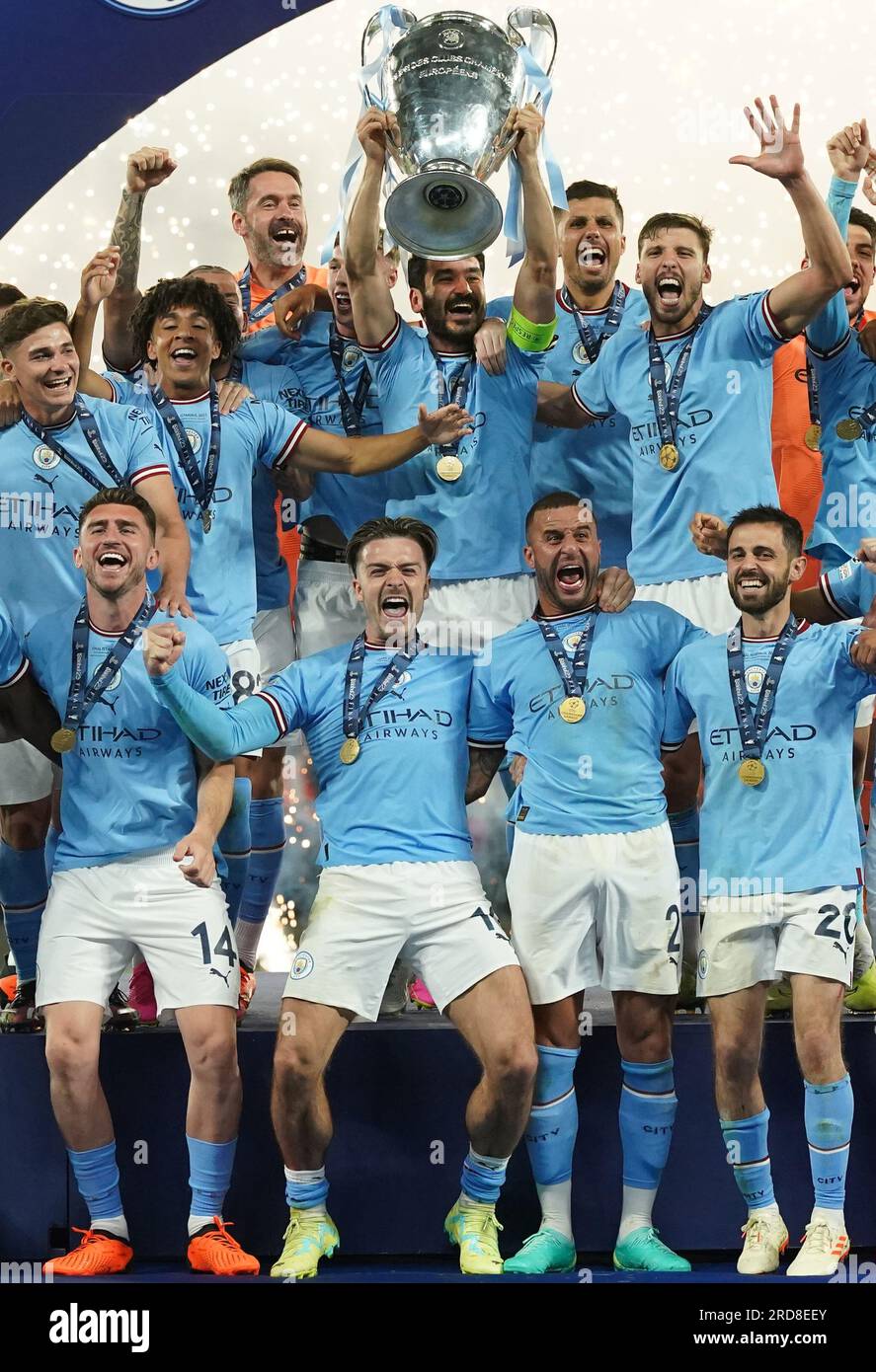 Manchester City captain Ilkay Gundogan lifts the Champions League ...