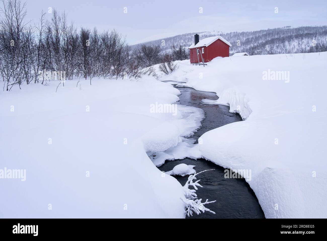 Traditional Sami Cabin (Hytte) in winter, near Lake Eoalbmejavri ...