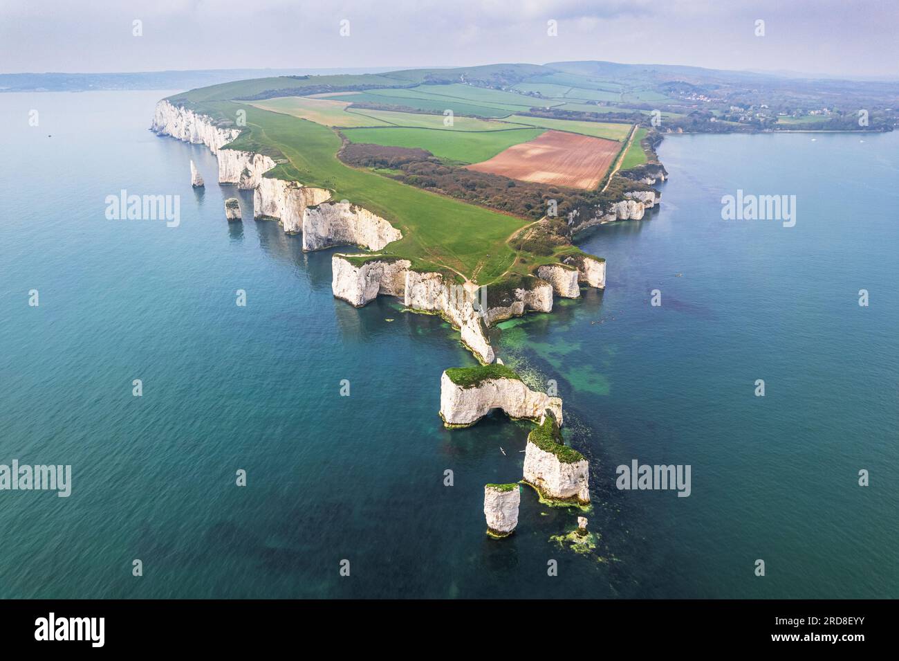 Aerial view of the white cliffs of Old Harry Rocks, Jurassic Coast ...