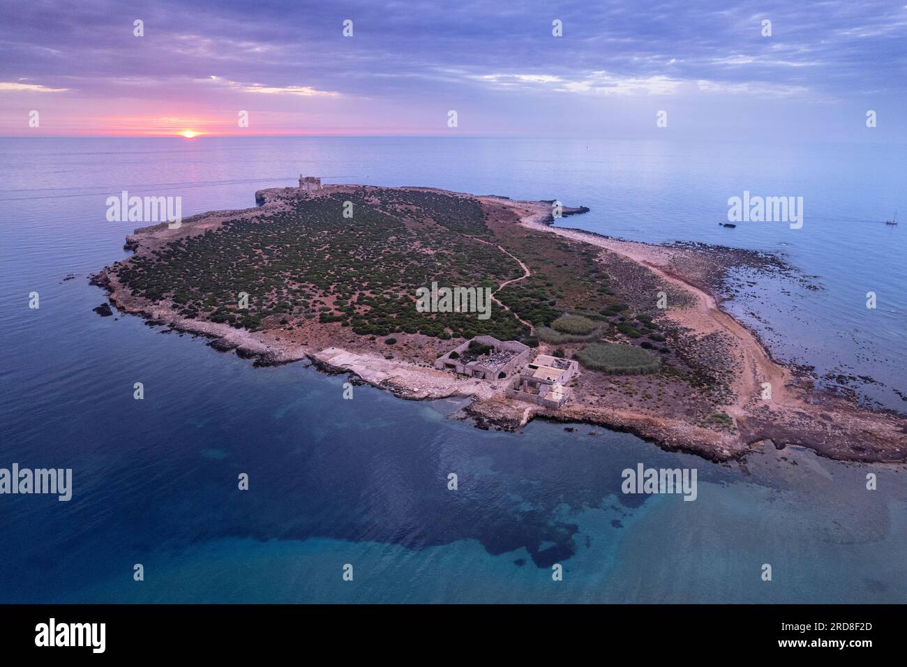 Aerial view of Capo Passero island at sunrise, Portopalo di Capo ...