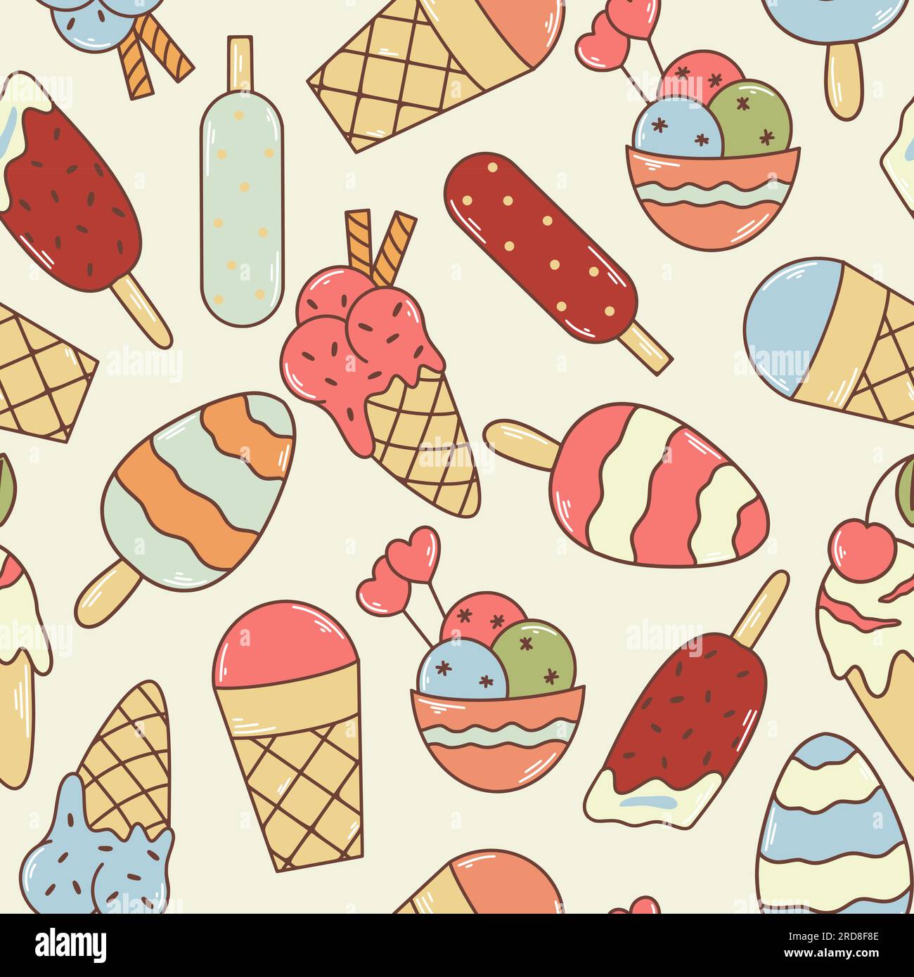 Different ice cream hand drawn background. Seamless pattern dairy ...