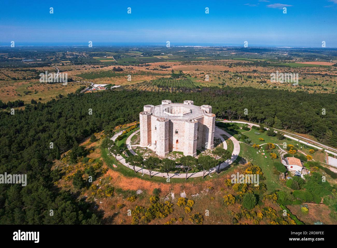 Aerial view of the white octagonal castle of Castel del Monte rising in ...