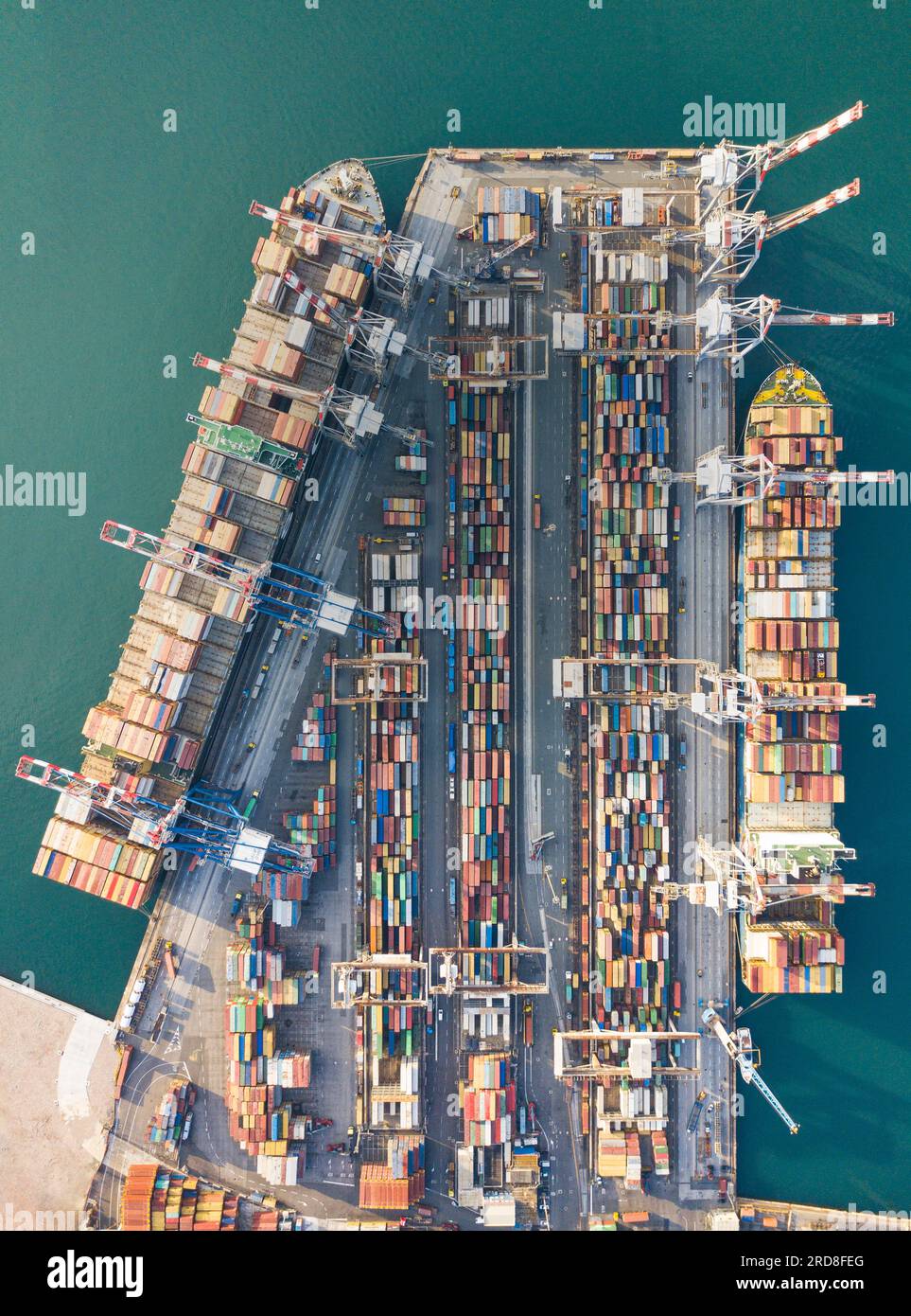 Aerial vertical view taken by drone of cargo port of La Spezia, Liguria ...