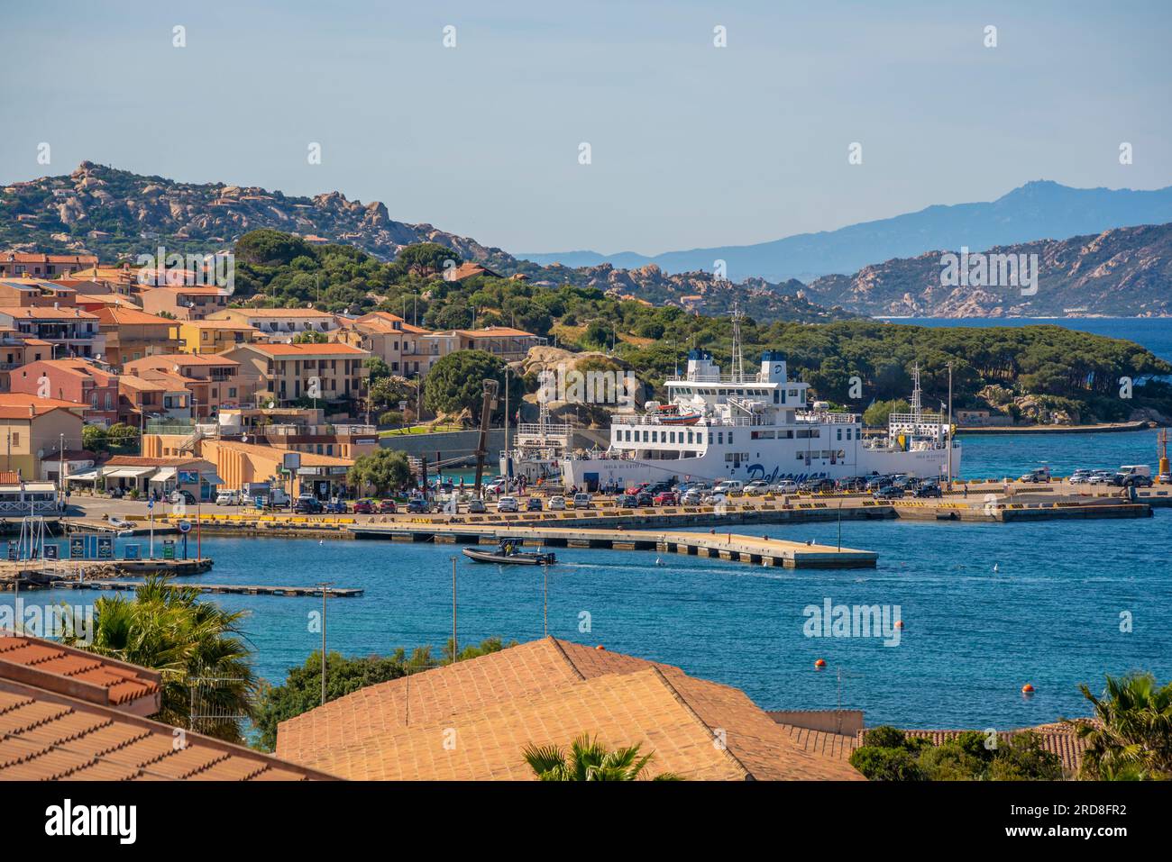 Elevated view of harbour and Palau town, Palau, Sardinia, Italy ...