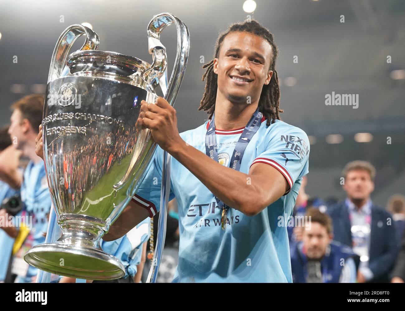 Manchester City's Nathan Ake poses with the Champions League Trophy ...