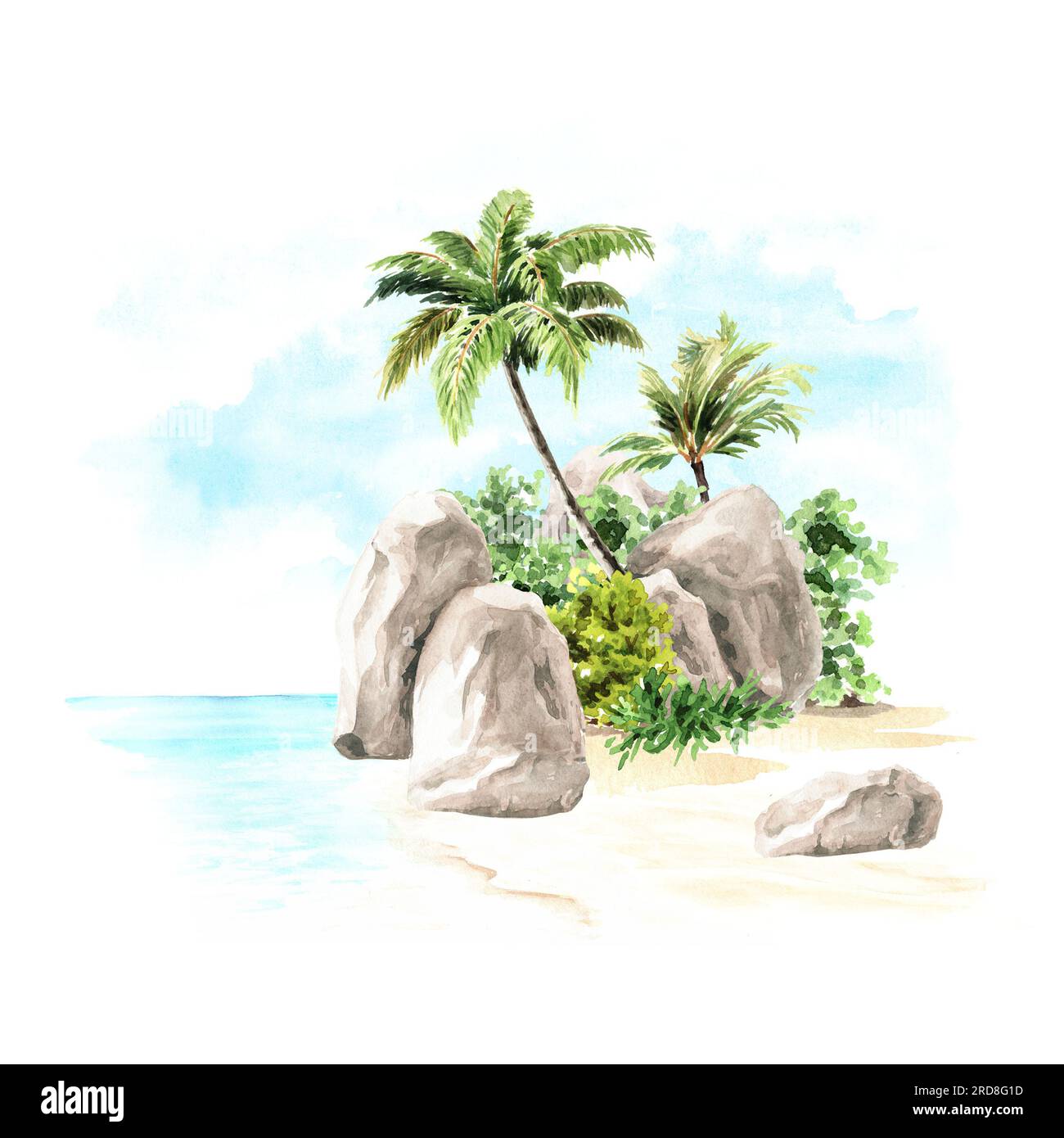 Tropical sea shore, Hand drawn watercolor illustration, isolated on ...
