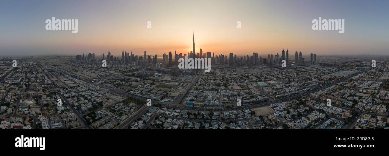 Aerial view of sunrise over Dubai, United Arab Emirates, Middle East ...