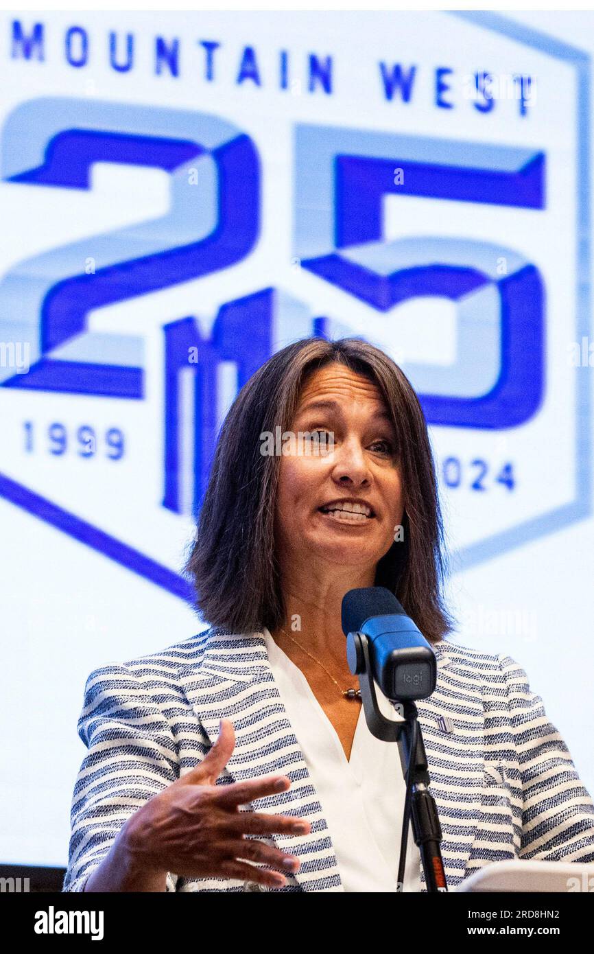 Mountain West Conference commissioner Gloria Nevarez speaks during NCAA ...