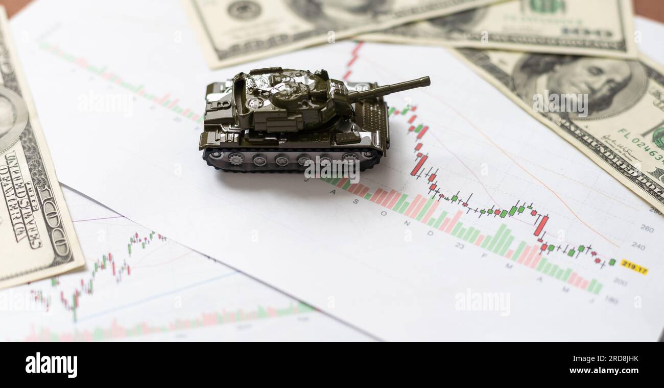 The main battle tank on US dollar bill banknotes background. U.S.A. and ...