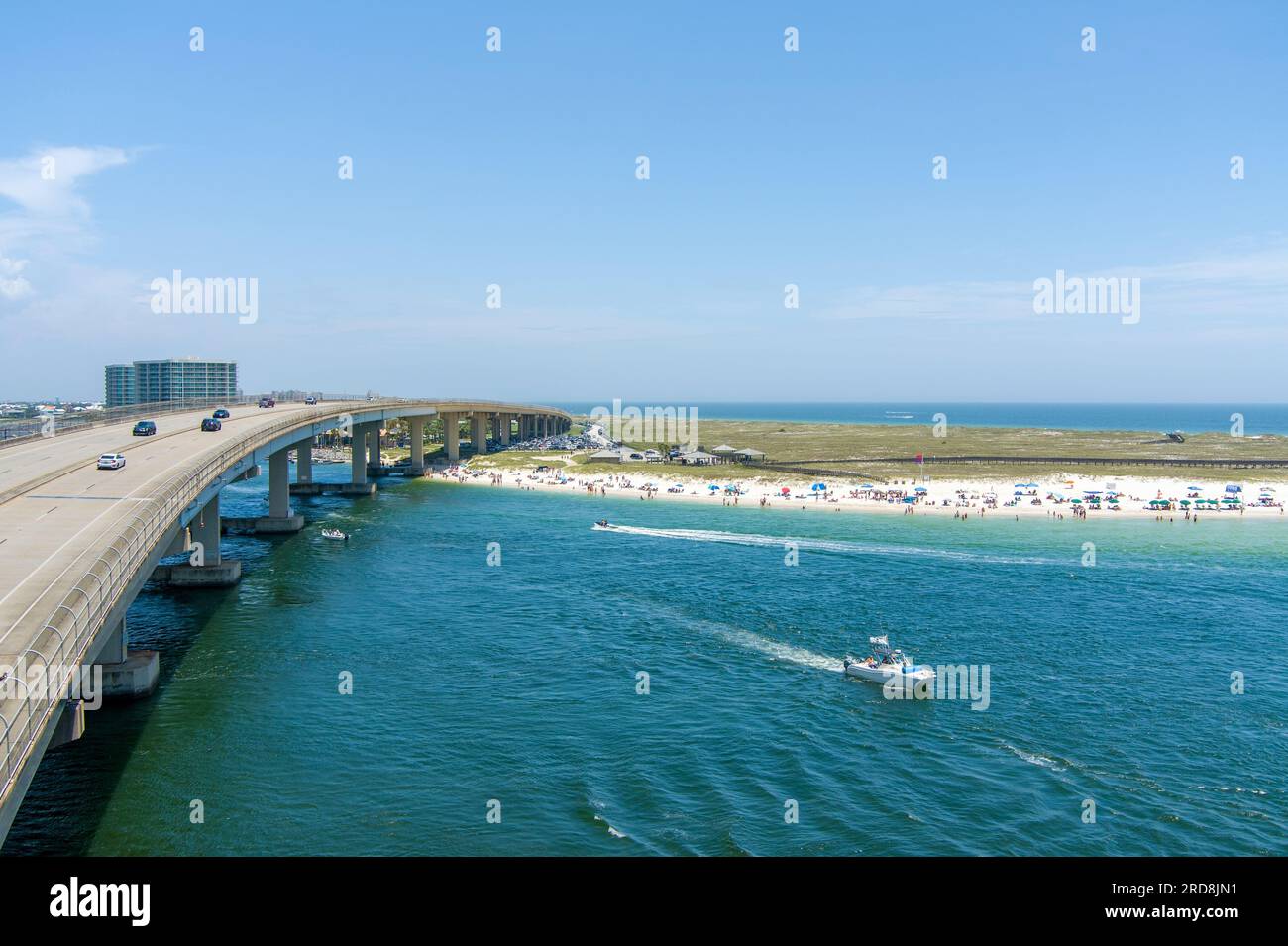 Aerial view of Perdido Pass bridge and the beach in Orange Beach ...
