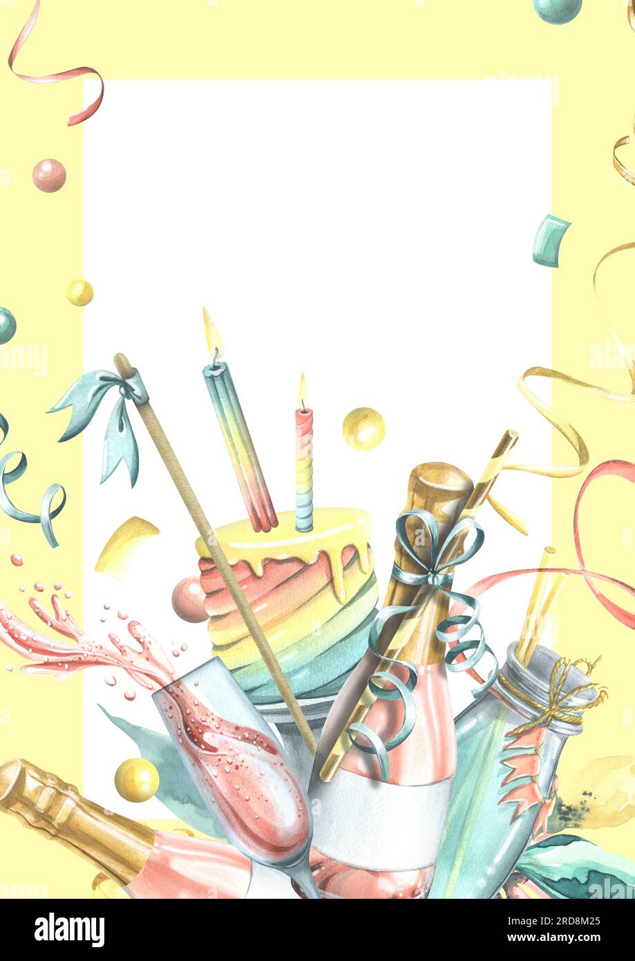 Vertical birthday card with pink champagne, balloons, gifts, confetti ...