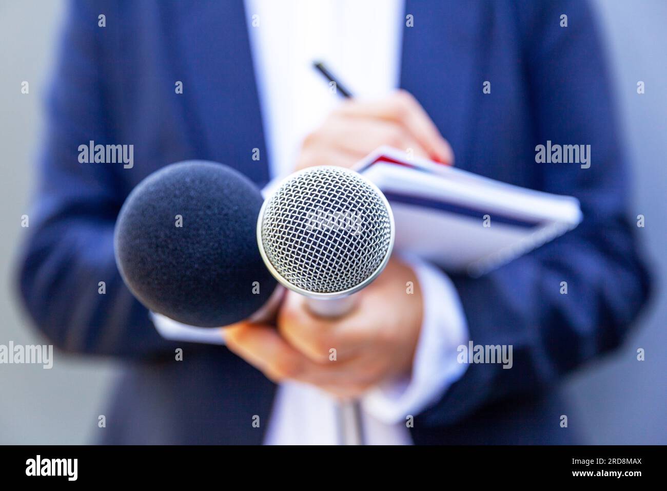 Female journalist at news conference or media event, writing notes ...