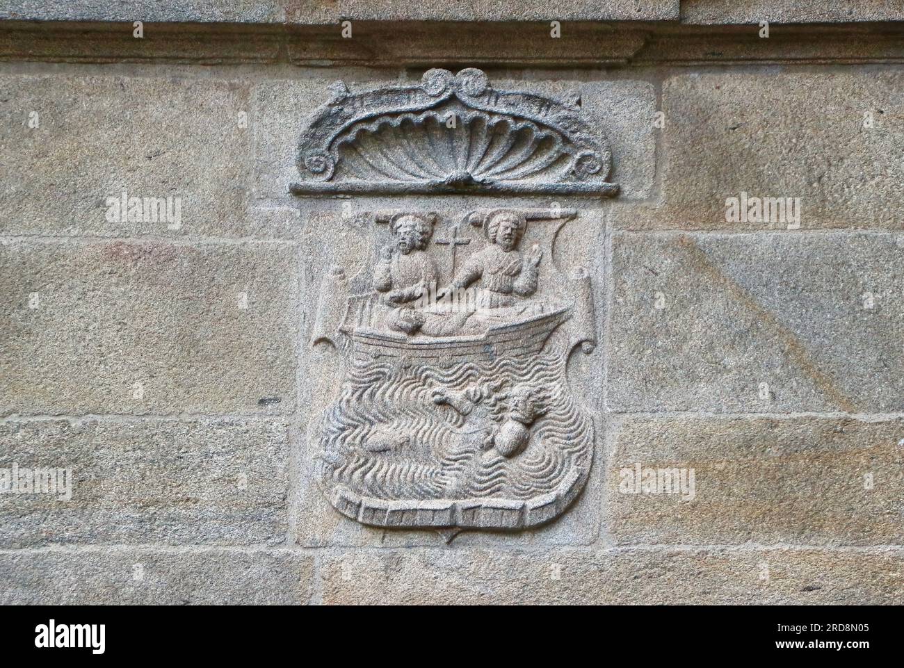 Relief stone coat of arms illustrating the journey by boat of pilgrims ...