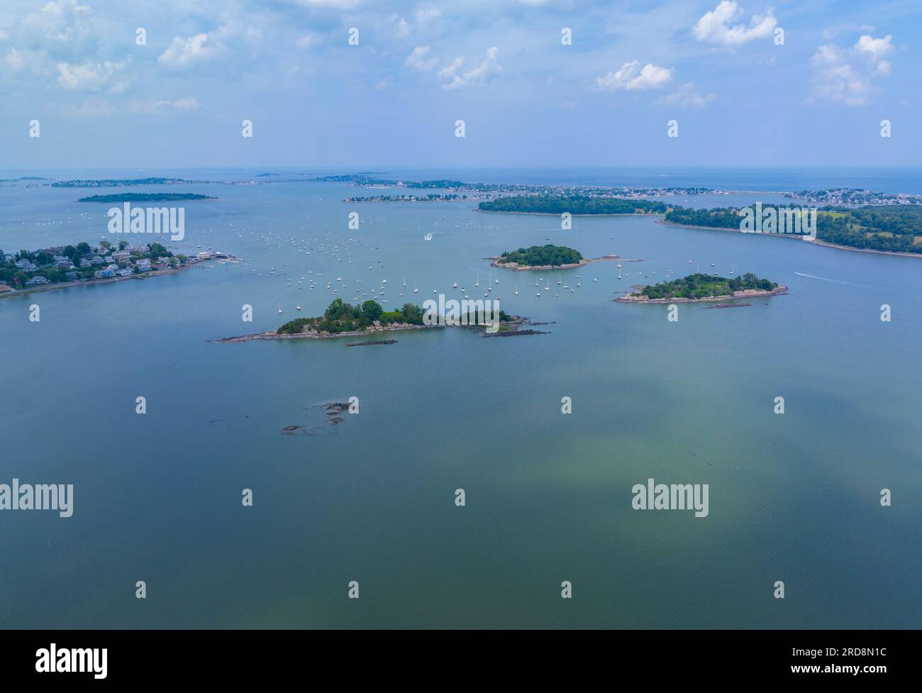 Sarah Island and Ragged Island aerial view in Hingham Harbor in town of ...