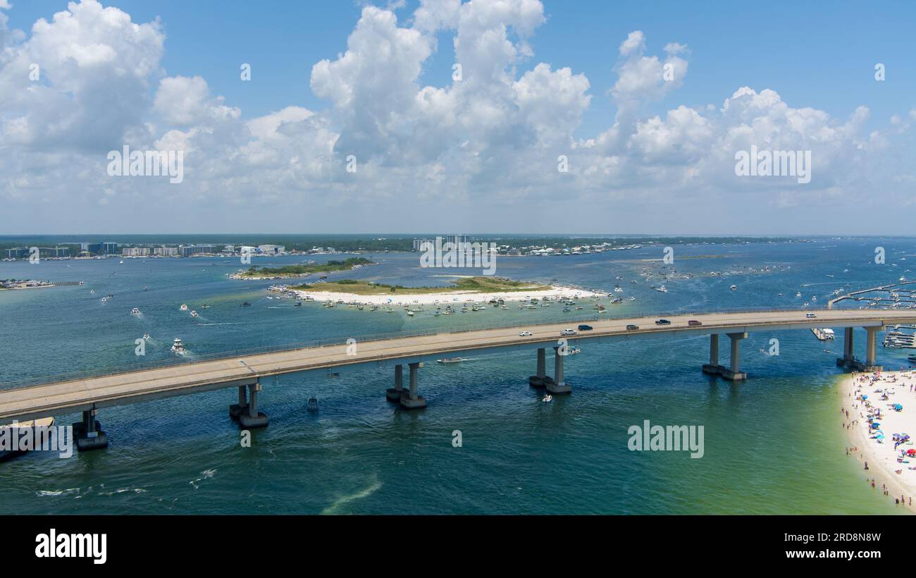 Aerial view of Perdido Pass bridge and the beach in Orange Beach ...