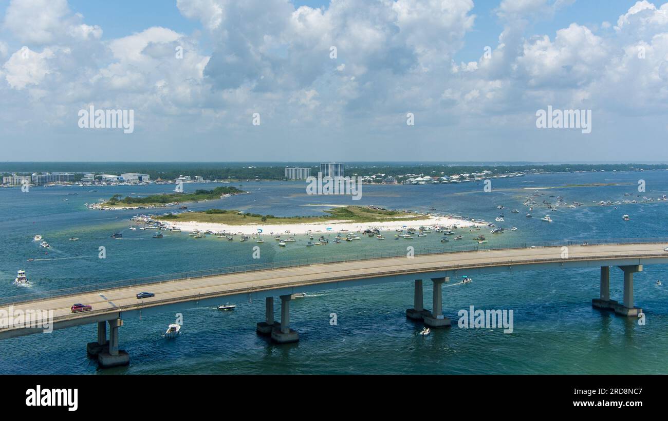 Aerial view of Perdido Pass bridge and the beach in Orange Beach ...