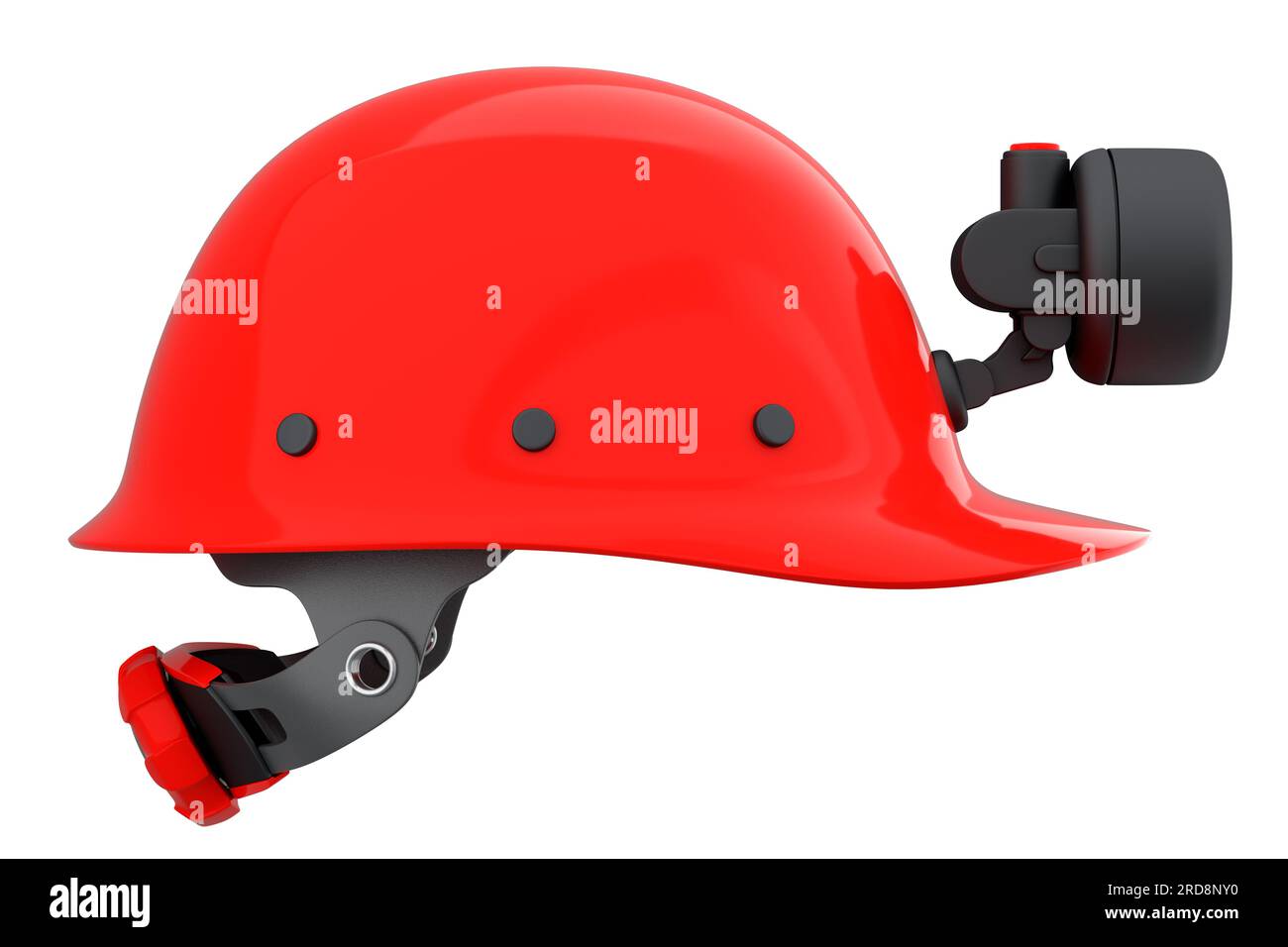 Red safety helmet or hard cap with flashlight isolated on white background. 3d render and ...