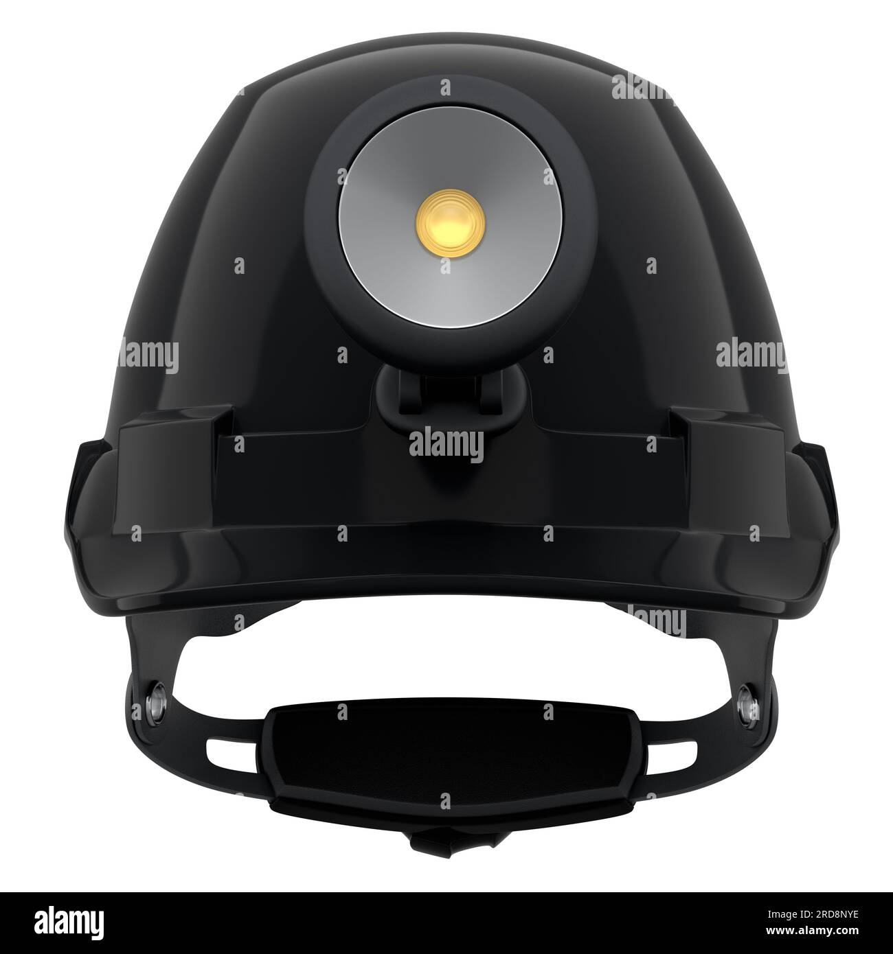 Black safety helmet or hard cap with flashlight isolated on white ...