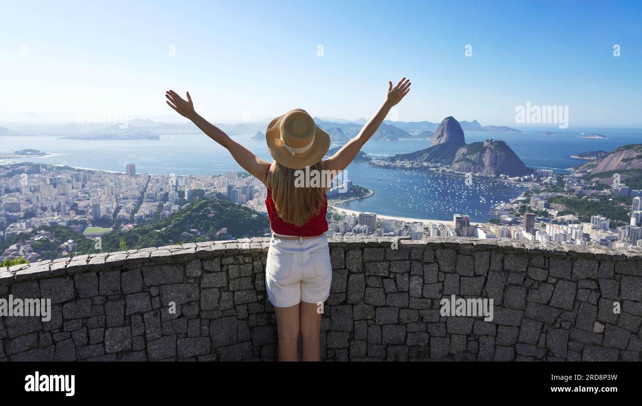 Holidays in Rio de Janeiro. Beautiful grateful traveler girl with ...