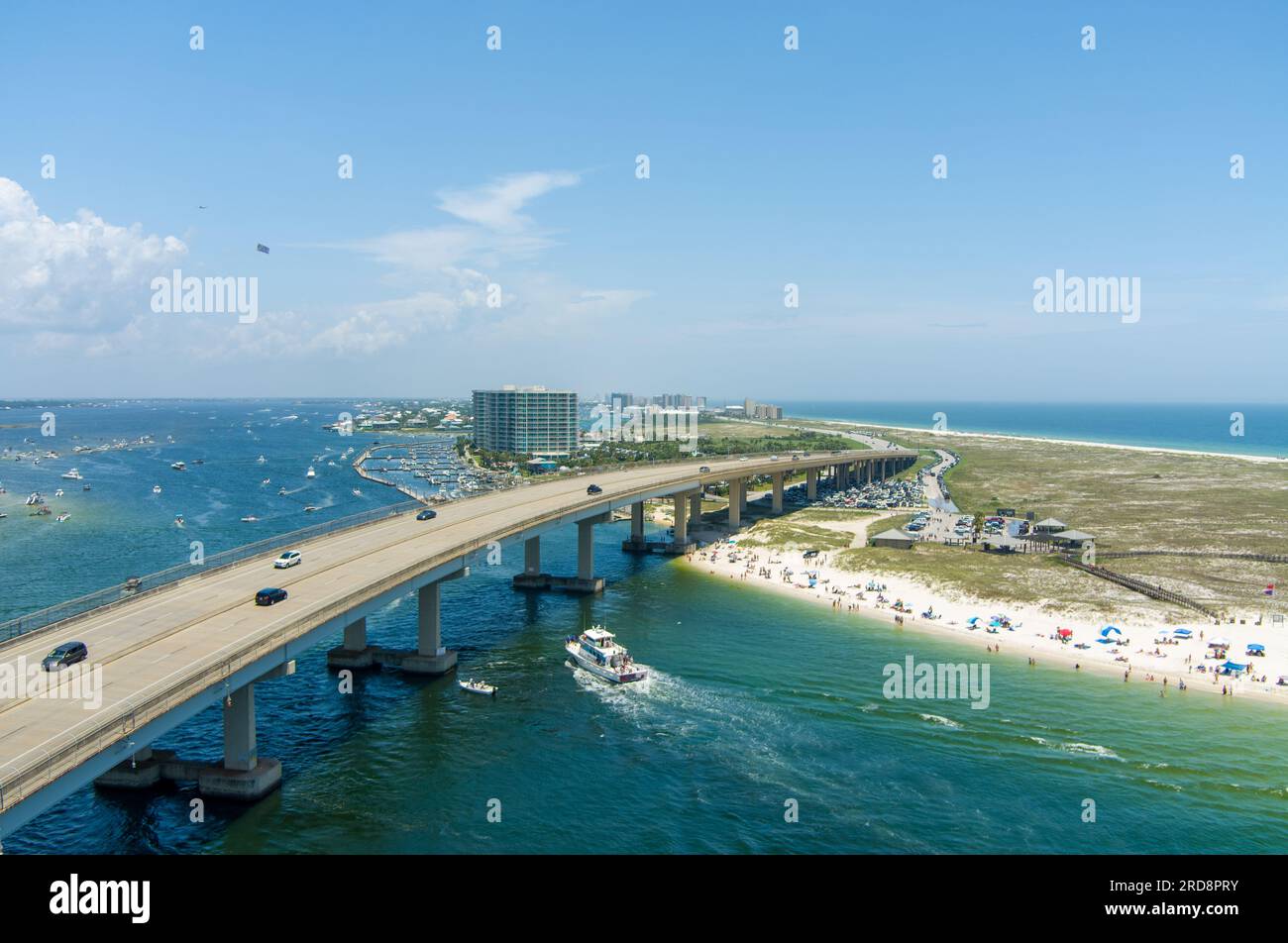 Aerial view of Perdido Pass bridge and the beach in Orange Beach ...