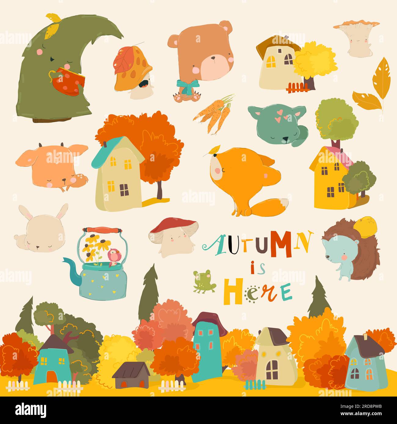 Cartoon Autumn Set with Woodland Animals and Trees Stock Vector Image ...