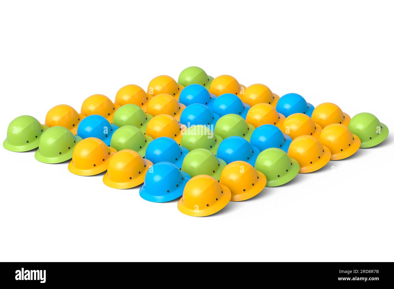 Set of safety helmets or hard caps for carpentry work in row on white ...