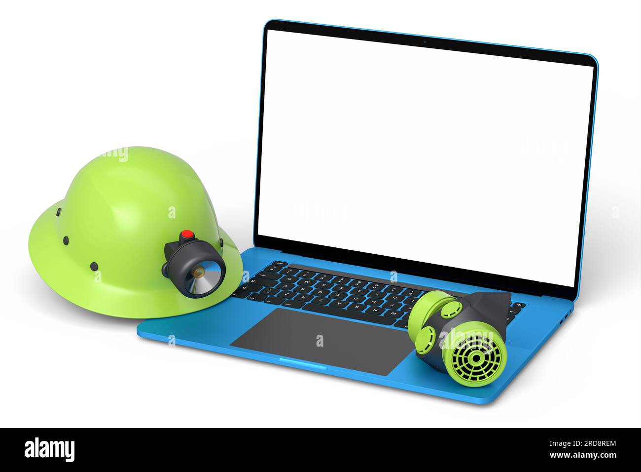 Set of safety helmets or hard caps, respirator and laptop for carpentry ...