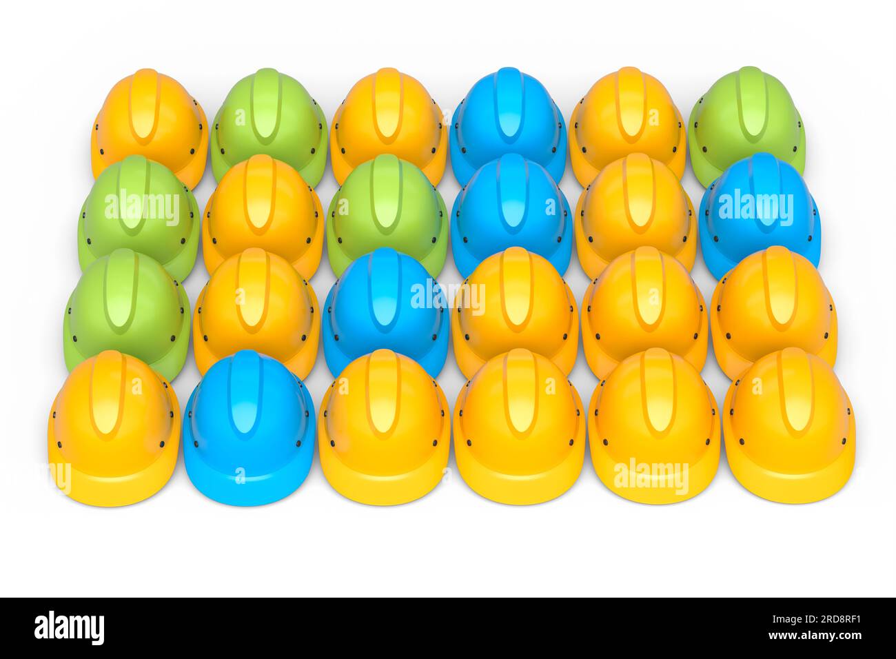 Set of safety helmets or hard caps for carpentry work in row on white ...