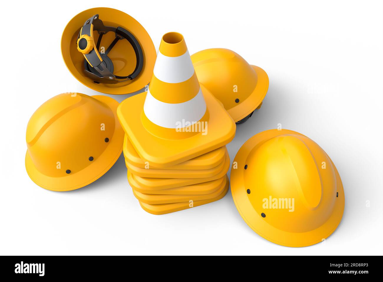 Stack of safety helmets or hard hats and traffic cones for under ...