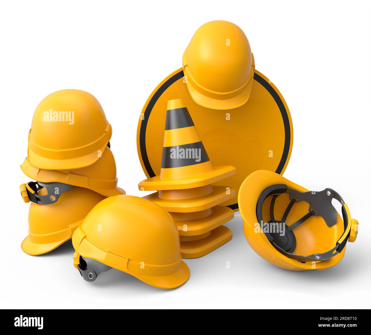 Set of safety helmets or hard hats and traffic cones, road sign for ...