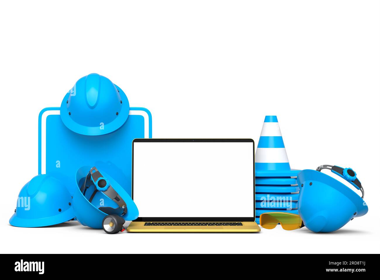 Set Of Safety Helmets Or Hard Hats And Traffic Cones Road Sign For Under Construction Road Work