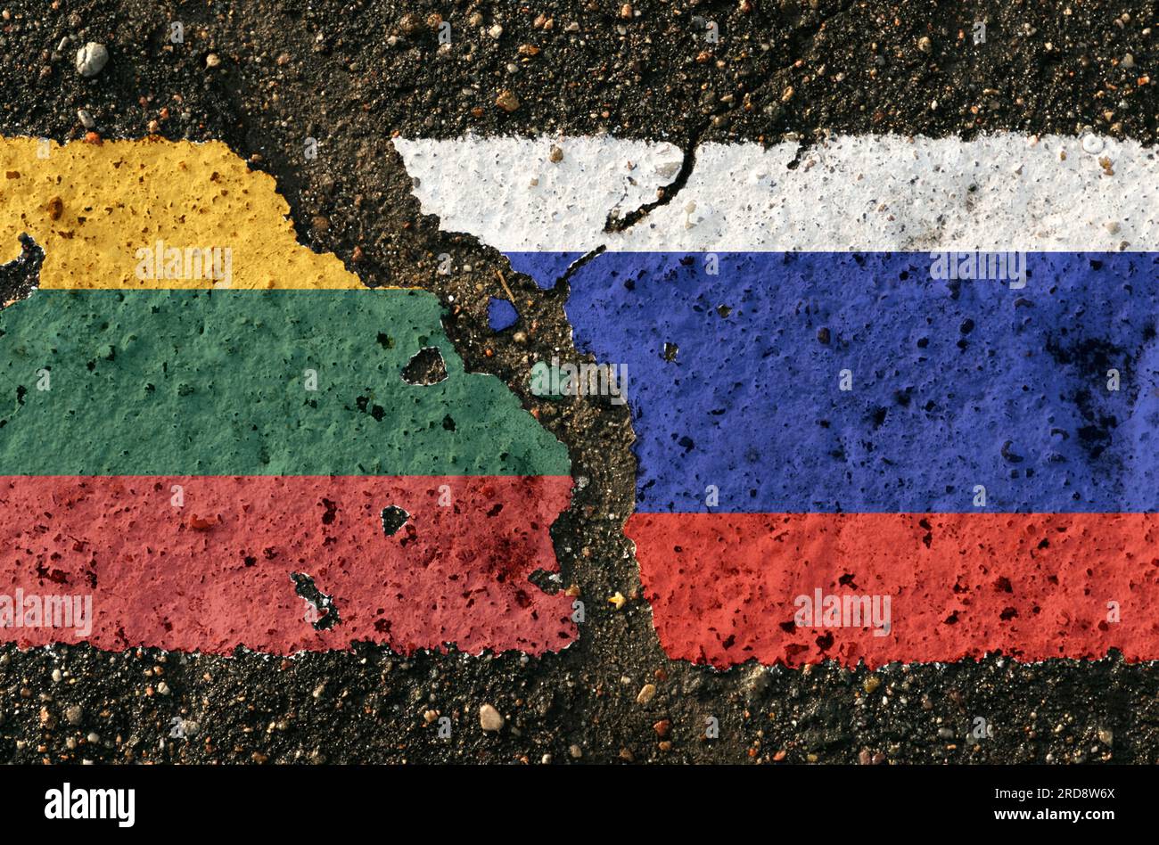 On the pavement are images of the flags of Lithuania and Russia, as a ...