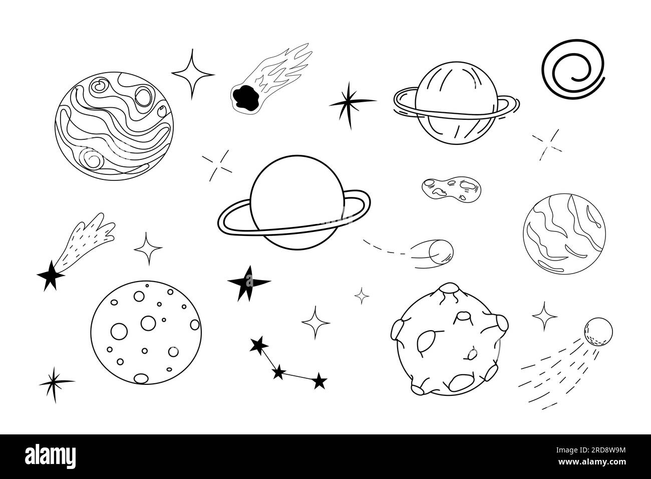 Set planets space elements, stars, meteorite in doodle style. Galaxy ...