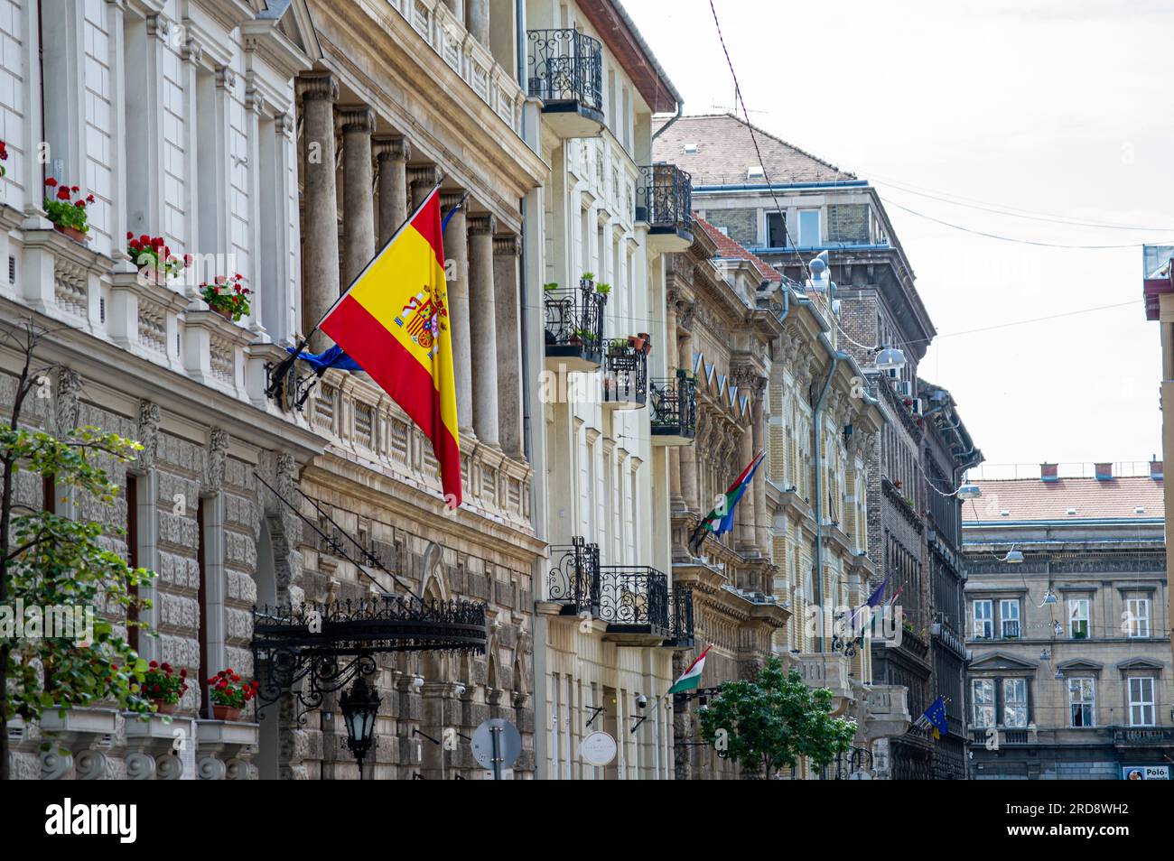 BUDAPEST, HUNGARY - JULY 7, 2023: Spanish flag on building. Beautiful ...
